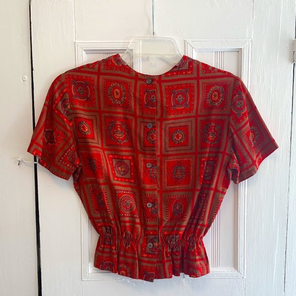 Source Unknown | Tops | Vintage Blouse Red Print Small Measurements In ...